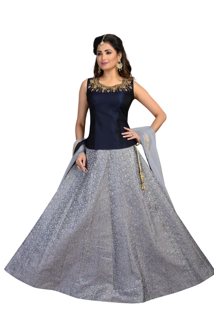 Silk- Grey & Navy - Mayuri Silks